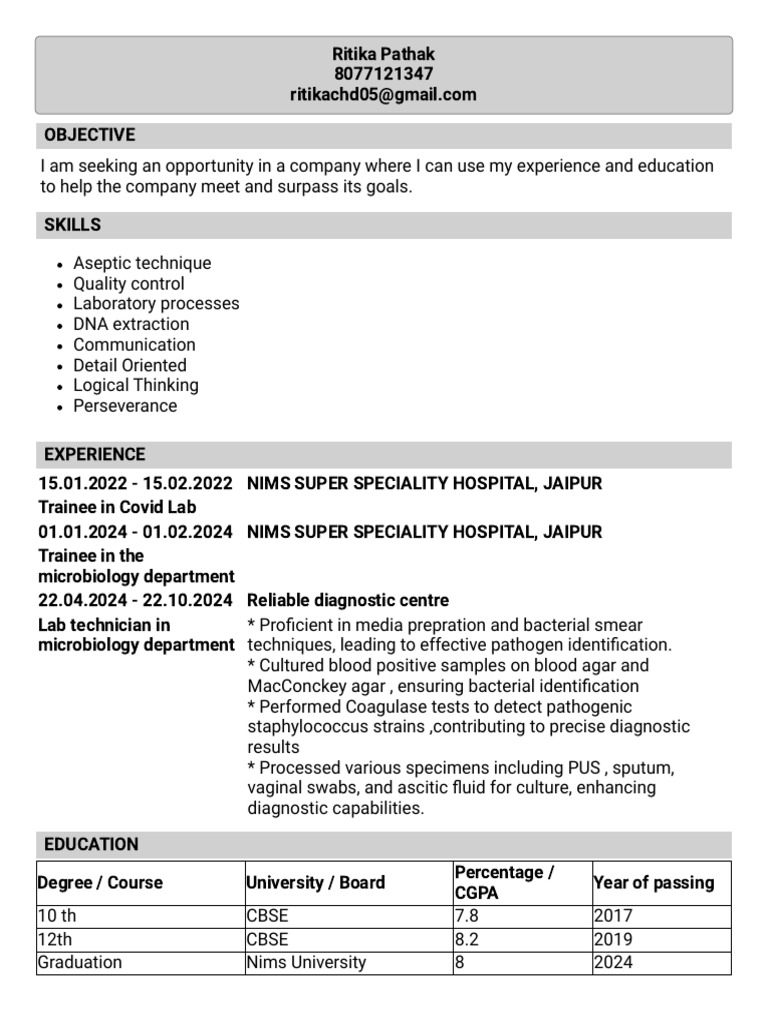 Lab Techician - Ritika Pathak (Jaipur) | PDF