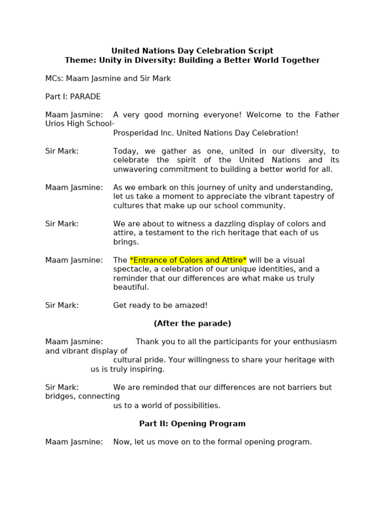 United Nations Day Celebration Script | PDF