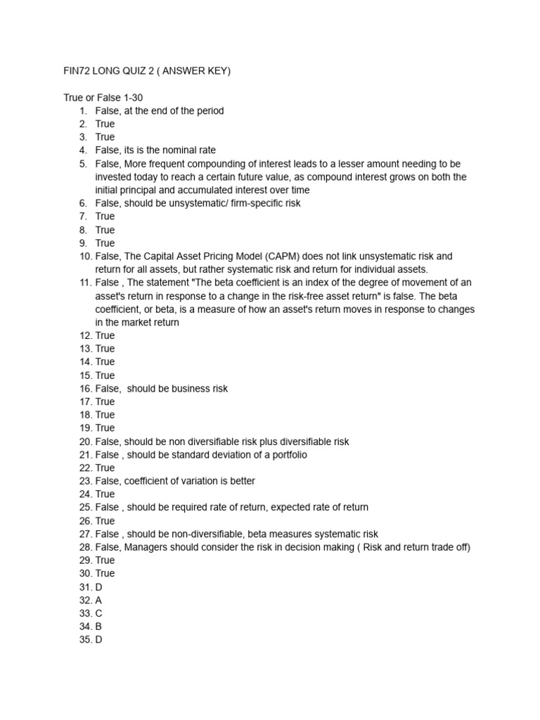Fin72 Long Quiz 2 Answer Key | PDF | Financial Risk | Capital Asset ...