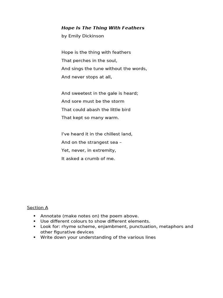 Full Poem Hope Is The Thing With Feathers | PDF