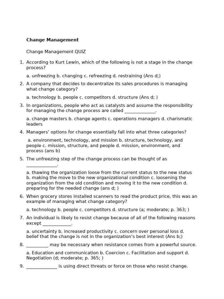 Change Management Quiz-Questions | PDF | Change Management | Leadership