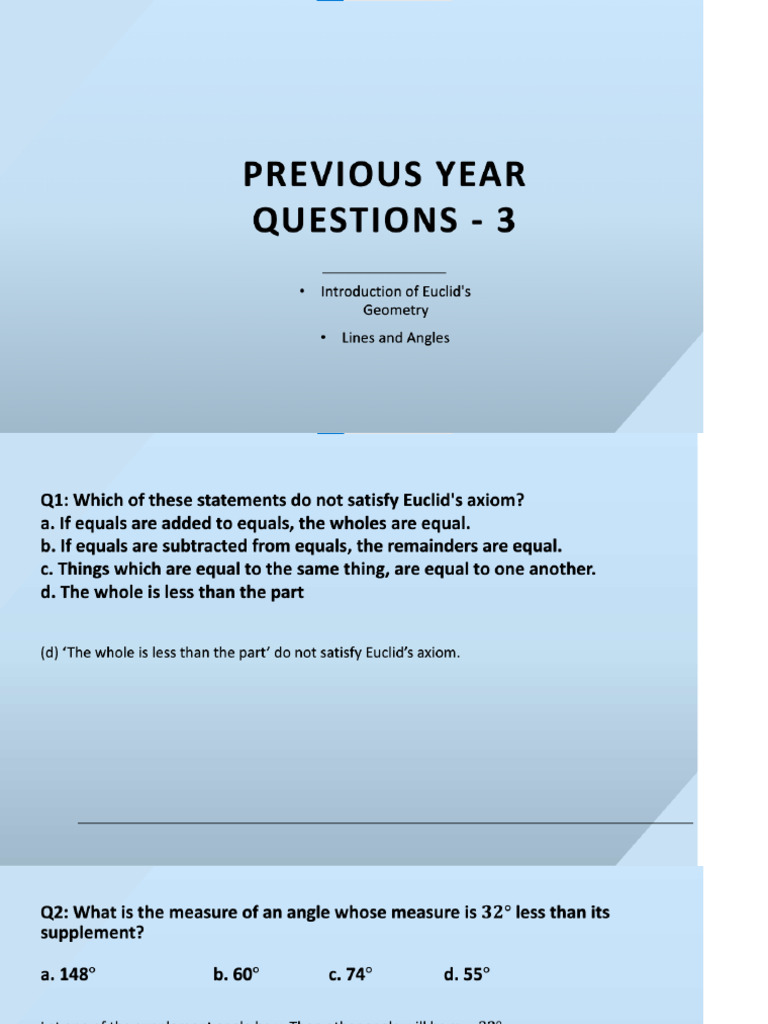 Class 9 - Past Year Questions - Lines and Angles and Euclid's Geometry ...