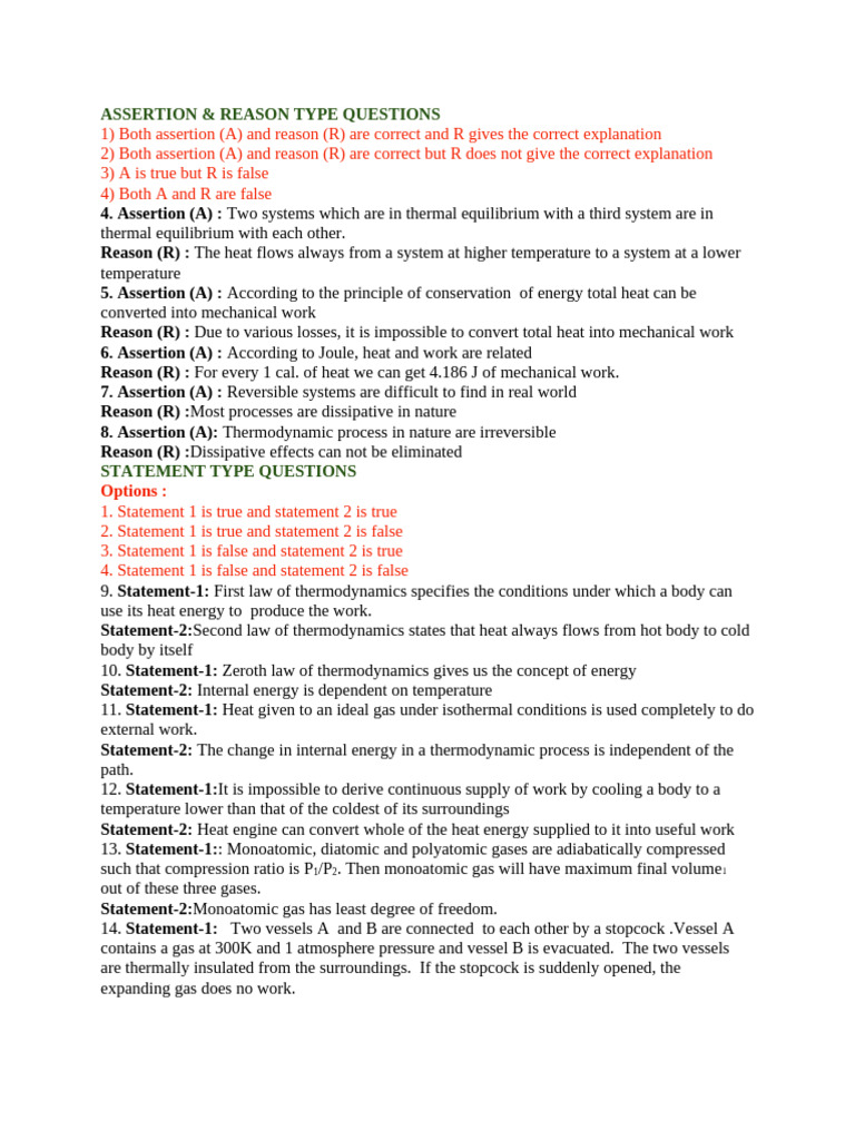 Assertion and Reasoning Q Narayana | PDF | Heat | Gases