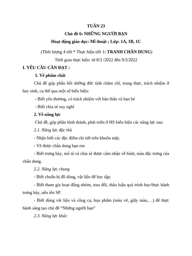 KHBD MĨ THUẬT KHỐI 1 TUẦN 23,24docx | PDF