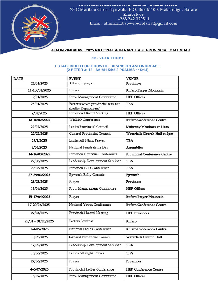 AFM in Zim Consolidated Calendar 2025 | PDF | Christian Theological Movements | Christian New ...