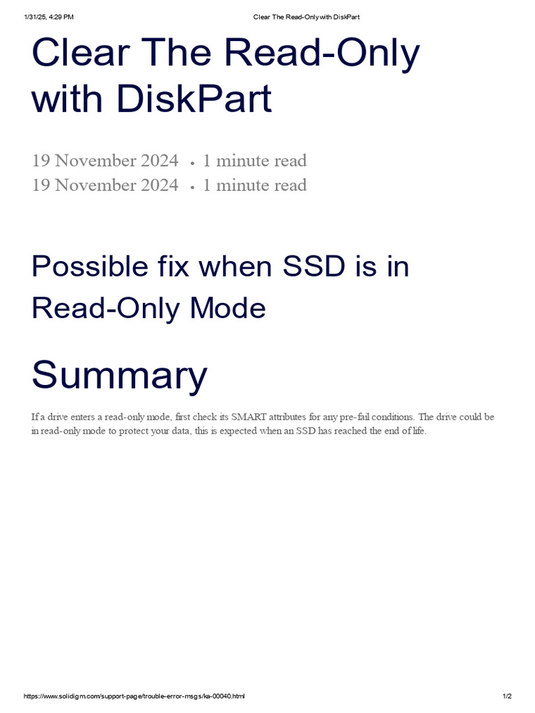 Clear The Read-Only With DiskPart | PDF