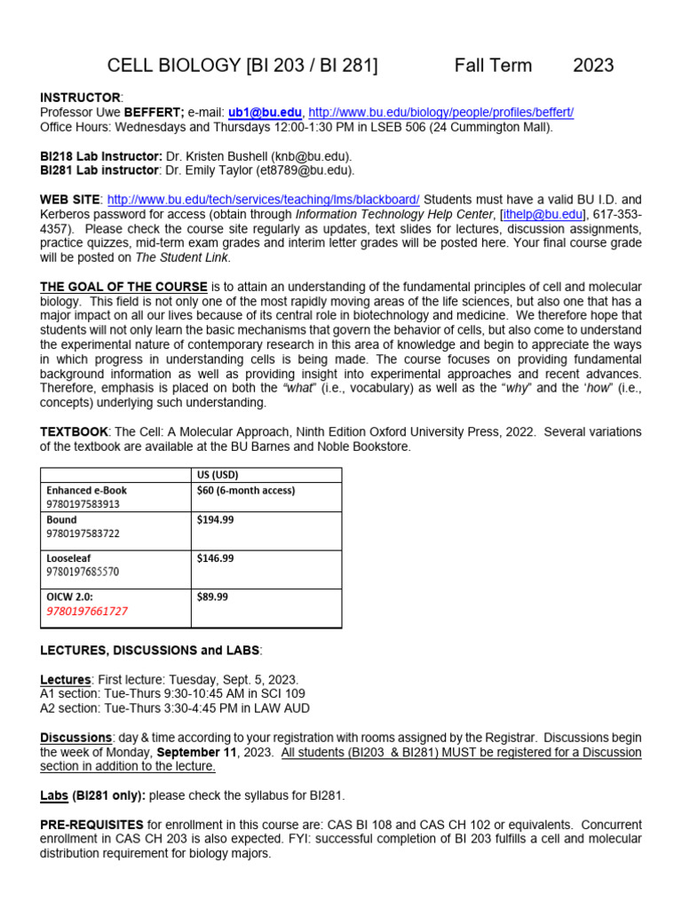 BI203 - Cell Biology - Syllabus | PDF | Cell Nucleus | Cell Cycle