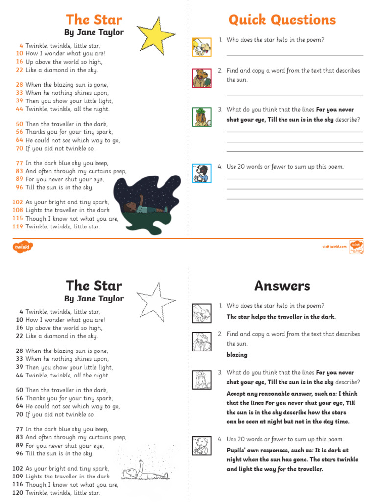 Twinkle, Twinkle Little Star Poem Activity | PDF | Sky