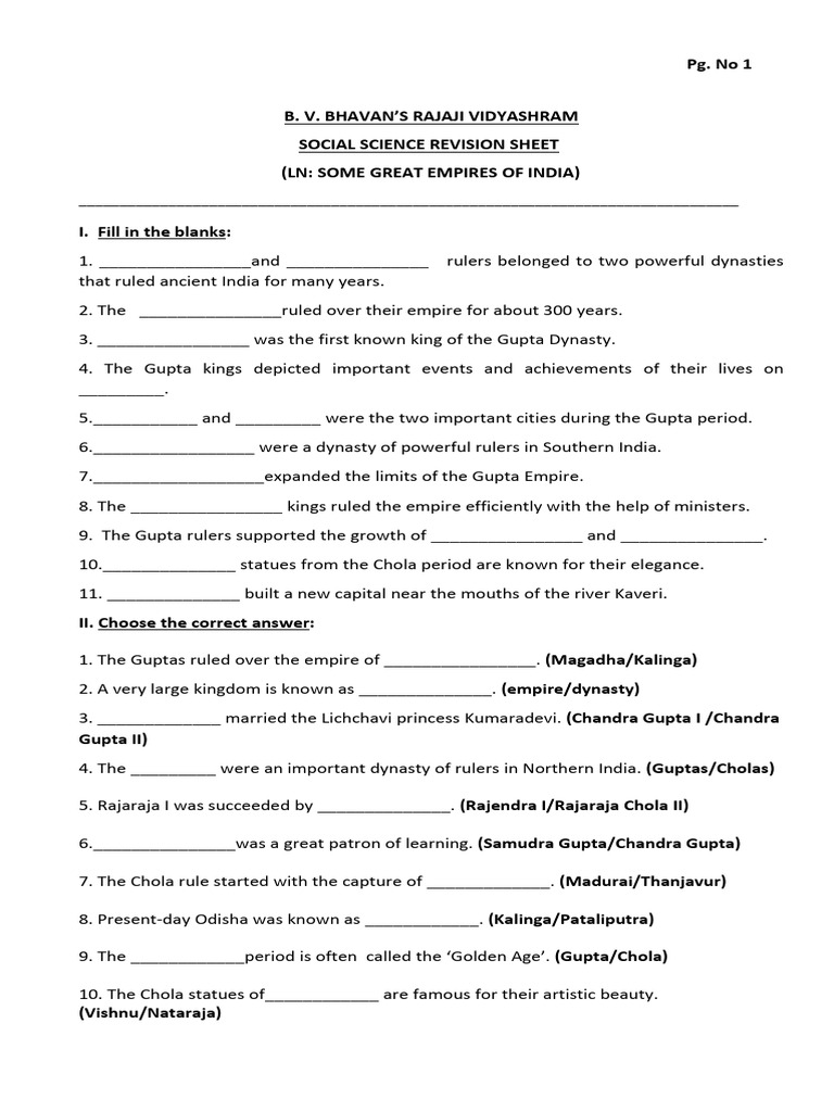 Some Great Empires of India - Worksheet 2 | PDF