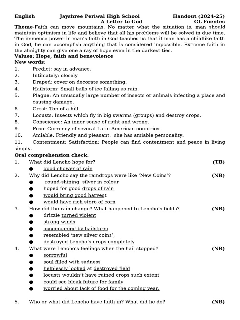 Handout - A Letter To God (Value Points) | PDF