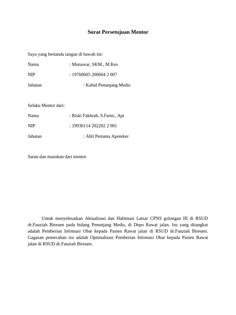 Surat Persetujuan Mentor Latsar CPNS | PDF