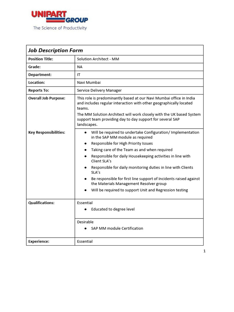 JD - SAP MM - Solution Architect. | PDF