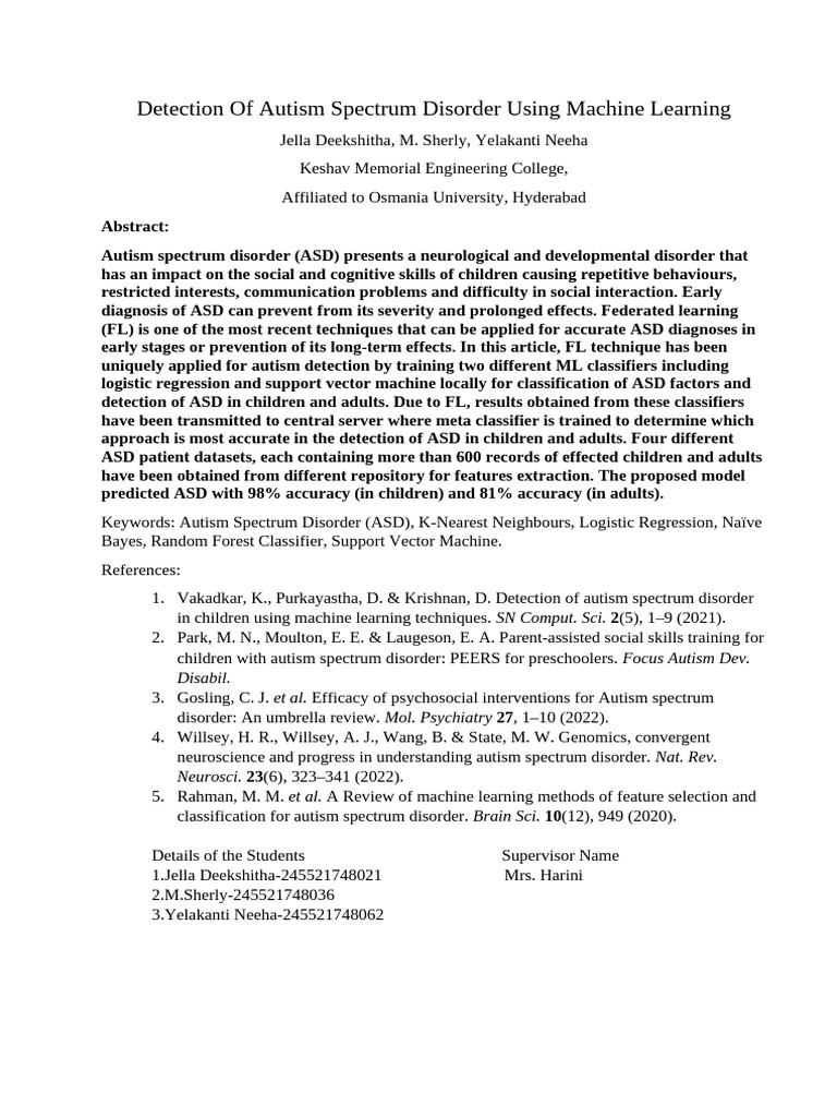 Autism Spectrum Disorder Using Machine Learning | PDF | Autism | Machine Learning