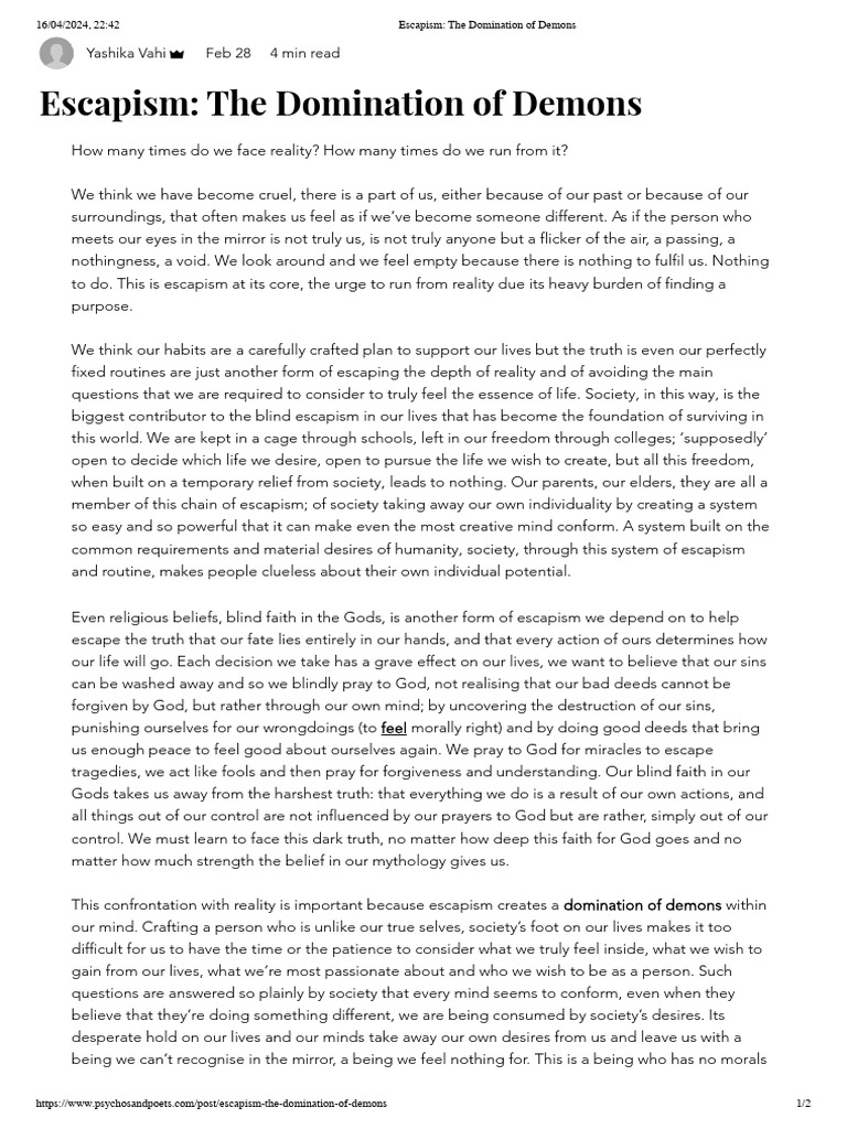 Escapism - The Domination of Demons | PDF | Faith | Prayer