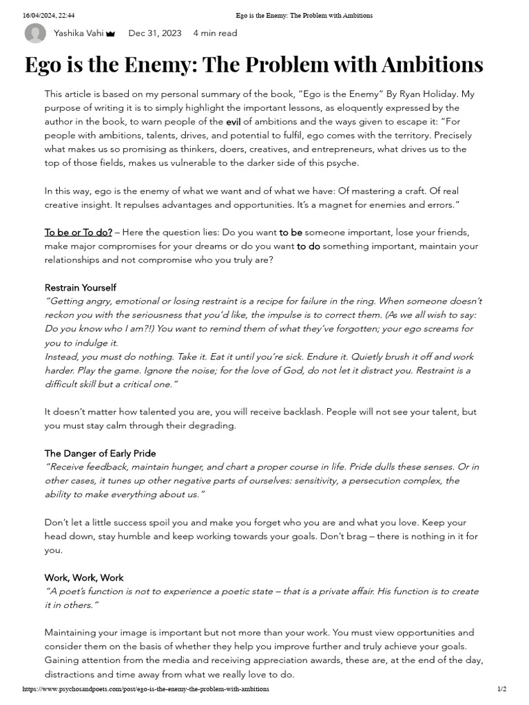 Ego Is The Enemy - The Problem With Ambitions | PDF | Social Psychology ...