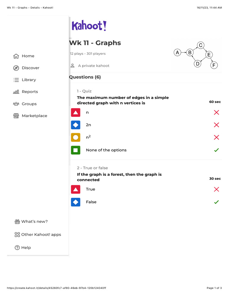 WK 11 - Graphs - Details - Kahoot! | PDF | Graph Theory | Computational ...