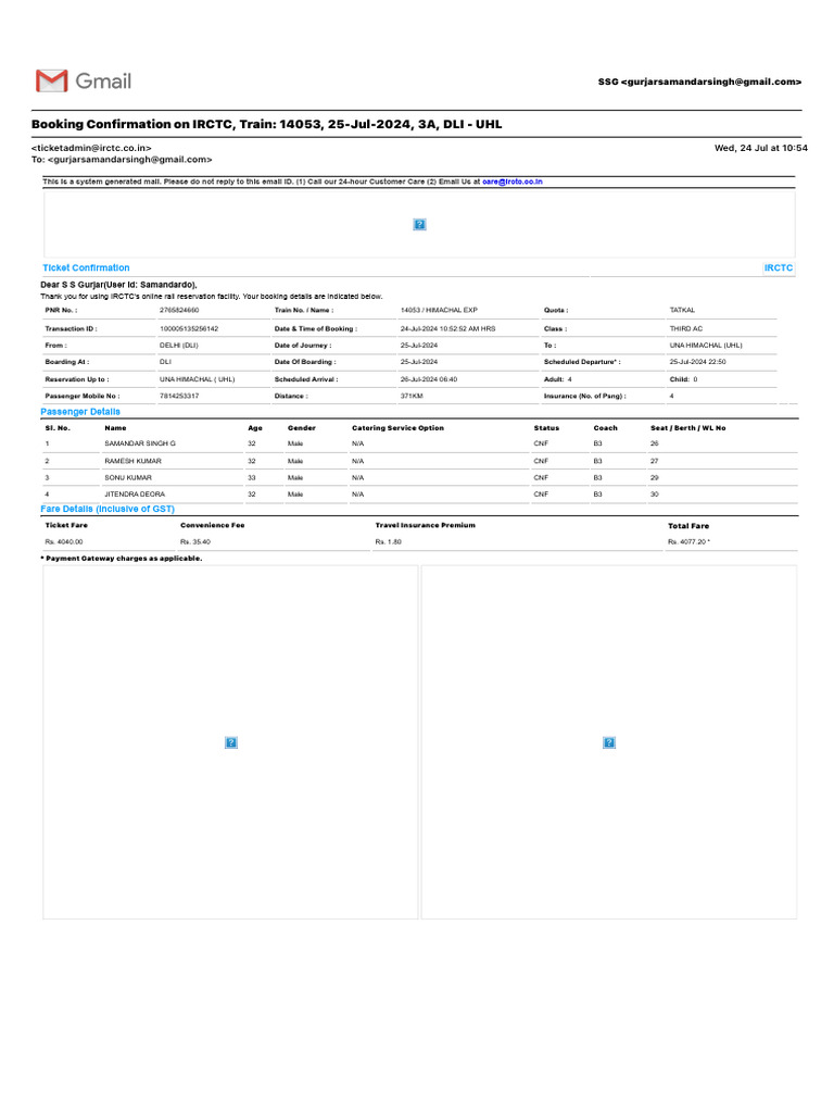 Booking Confirmation On IRCTC, Train 14053, 25-Jul-2024, 3A, DLI - UHL ...