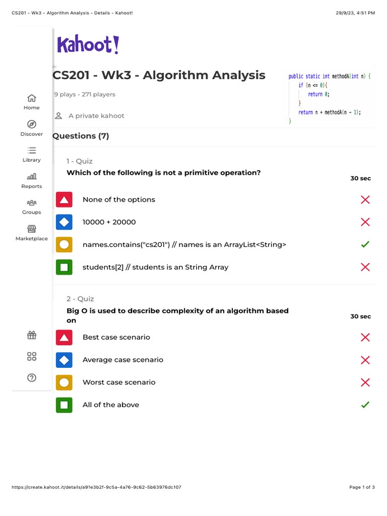 CS201 - Wk3 - Algorithm Analysis - Details - Kahoot! | PDF | Time Complexity | Algorithms