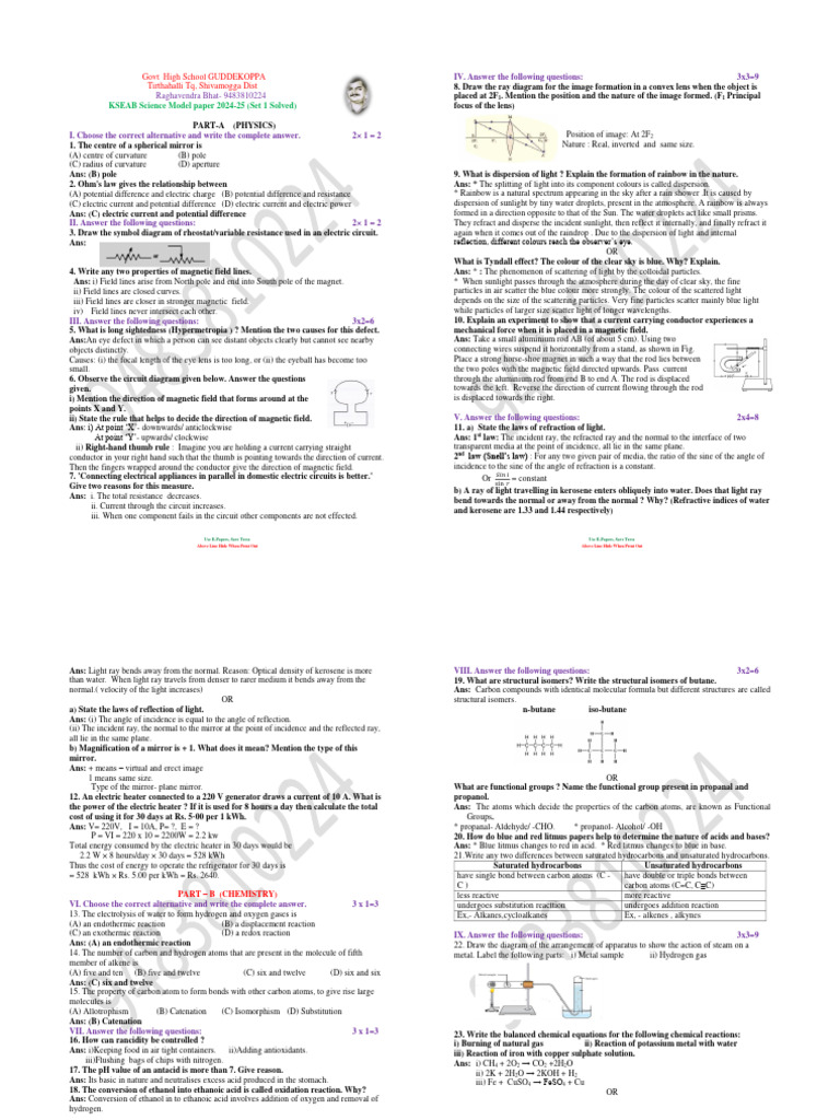 495885446784400761 10th Std Science Kseab Model Paper 1 Key Answers Eng