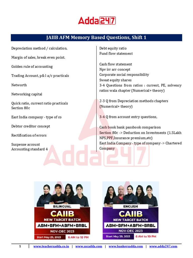 JAIIB AFM Memory Based Questions, Shift 1 | PDF