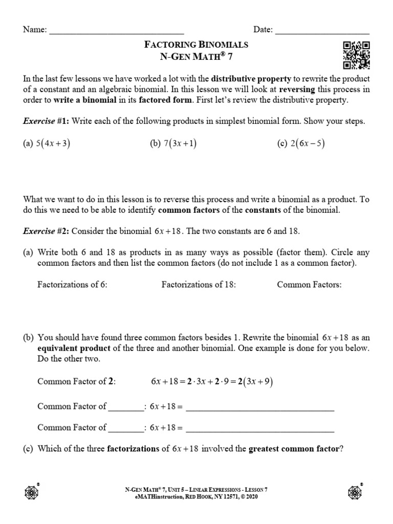 N Gen Math 7.unit 5.lesson 7.factoring Binomials 1 | PDF ...