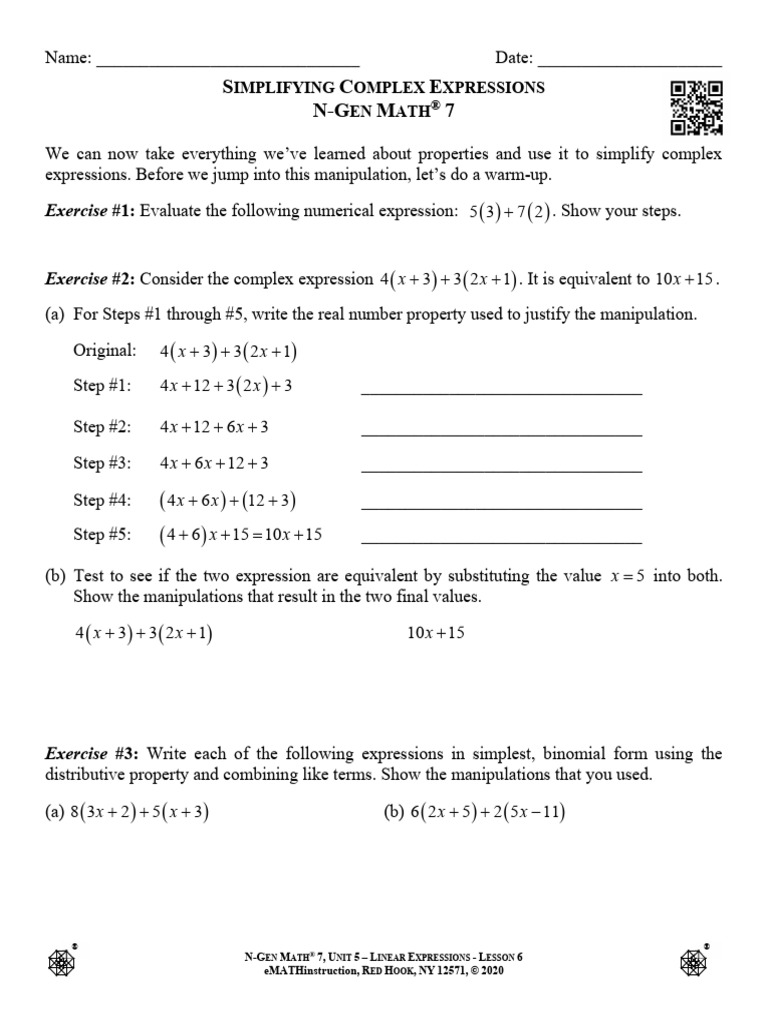 N Gen Math 7.unit 5.lesson 6.simplifying Complex Expressions 1 | PDF ...