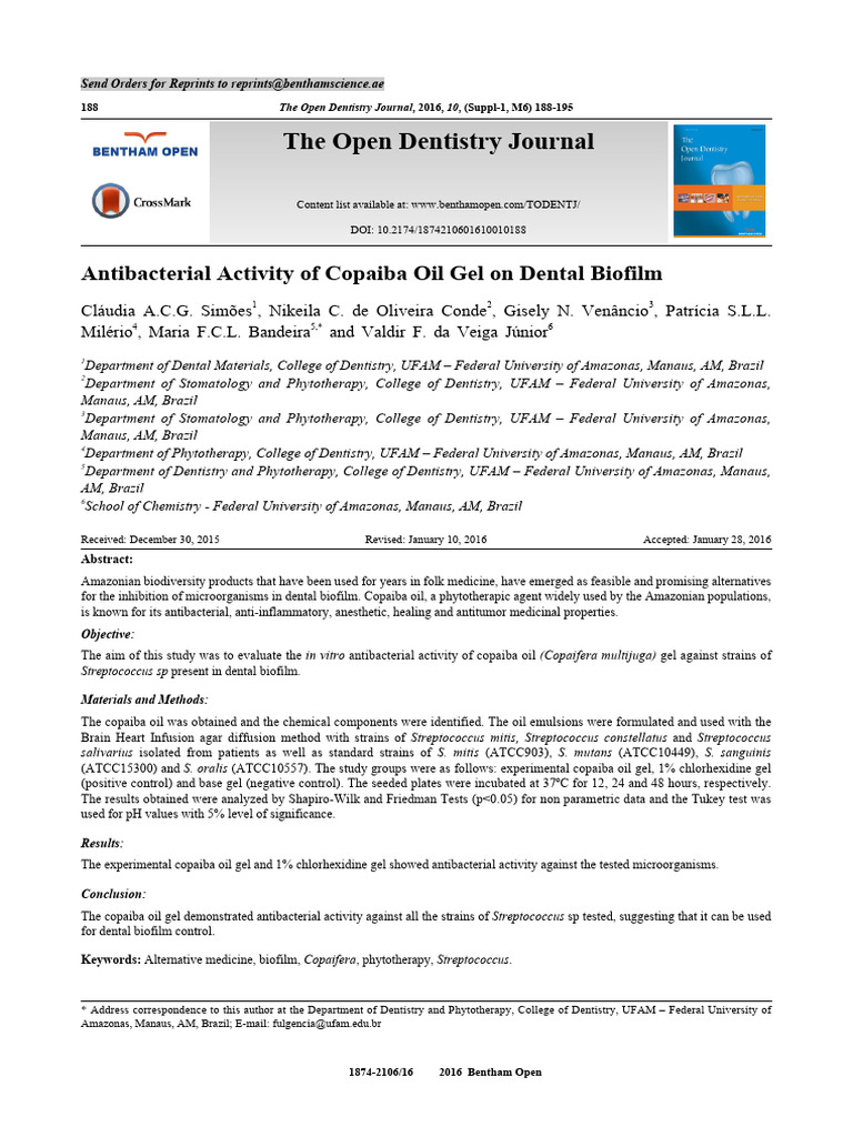 Antibacterial Activity of Copaiba Oil Gel On Dental Biofilm | PDF | Streptococcus | Microbiology