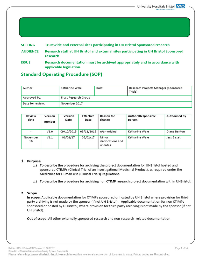 Archiving SOP for UH Bristol Research | PDF | Clinical Trial