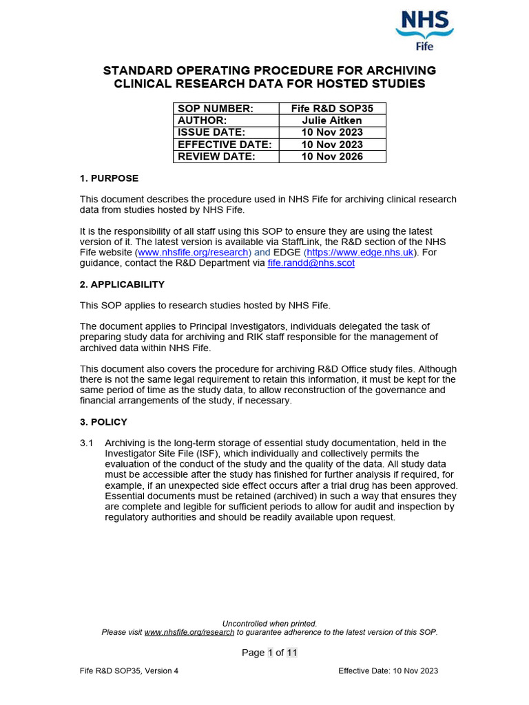 Sop35 Archiving Clinical Research Data For Hosted Studies v4 Final ...
