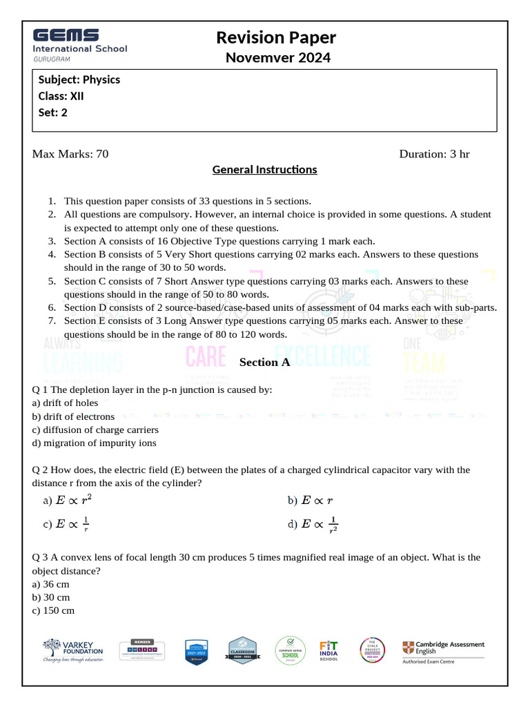 Revision Paper Set 2 Physics | PDF | Capacitor | Photoelectric Effect