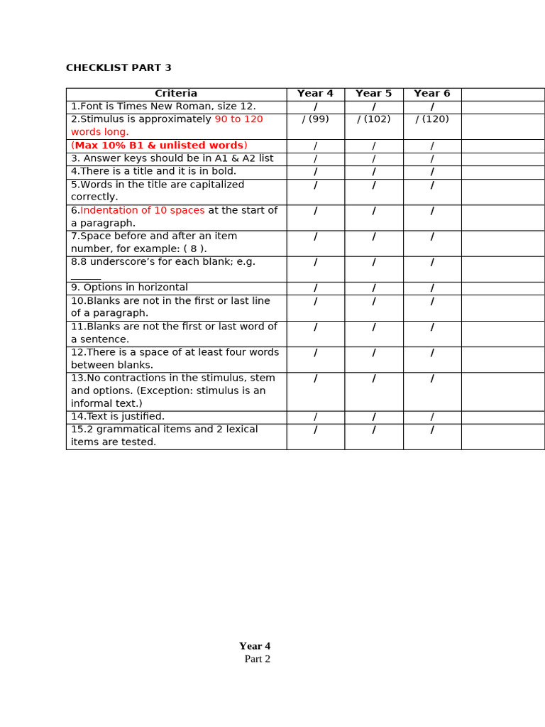 Year 4-6 English Test Checklist | PDF | Paragraph