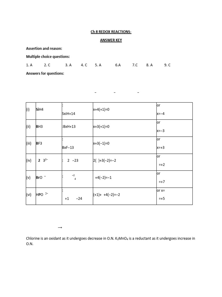 Redox Reactions Answer Key Guide | PDF | Redox | Oxidizing Agent