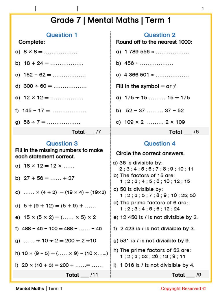 GR 7 Mental Maths - Term 1-4 | PDF | Circle | Elementary Geometry