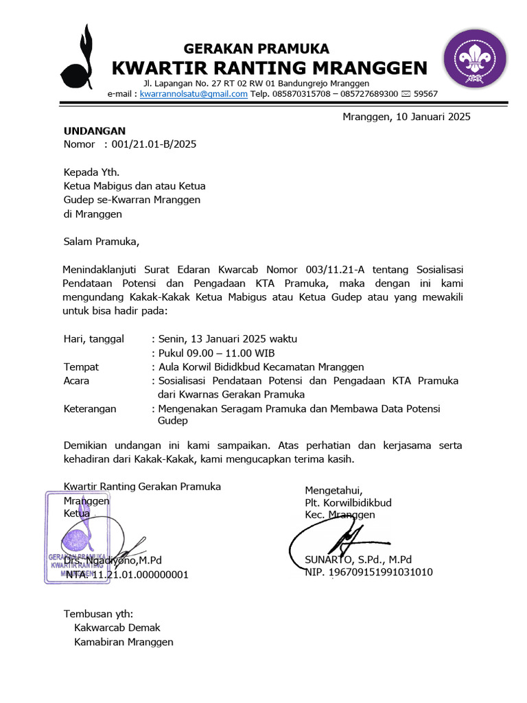 Surat Undangan Sosialisasi KTA Kwarnas 2025 Mrg. | PDF