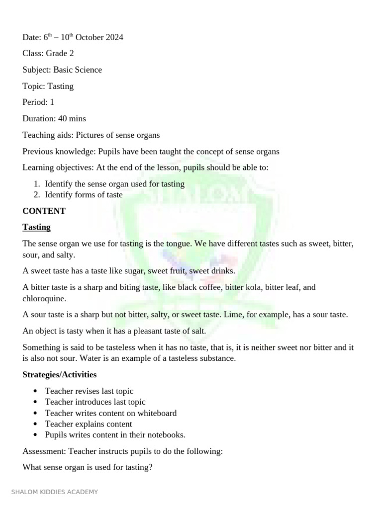 Grade 2 week 5 | PDF | Taste | Teachers