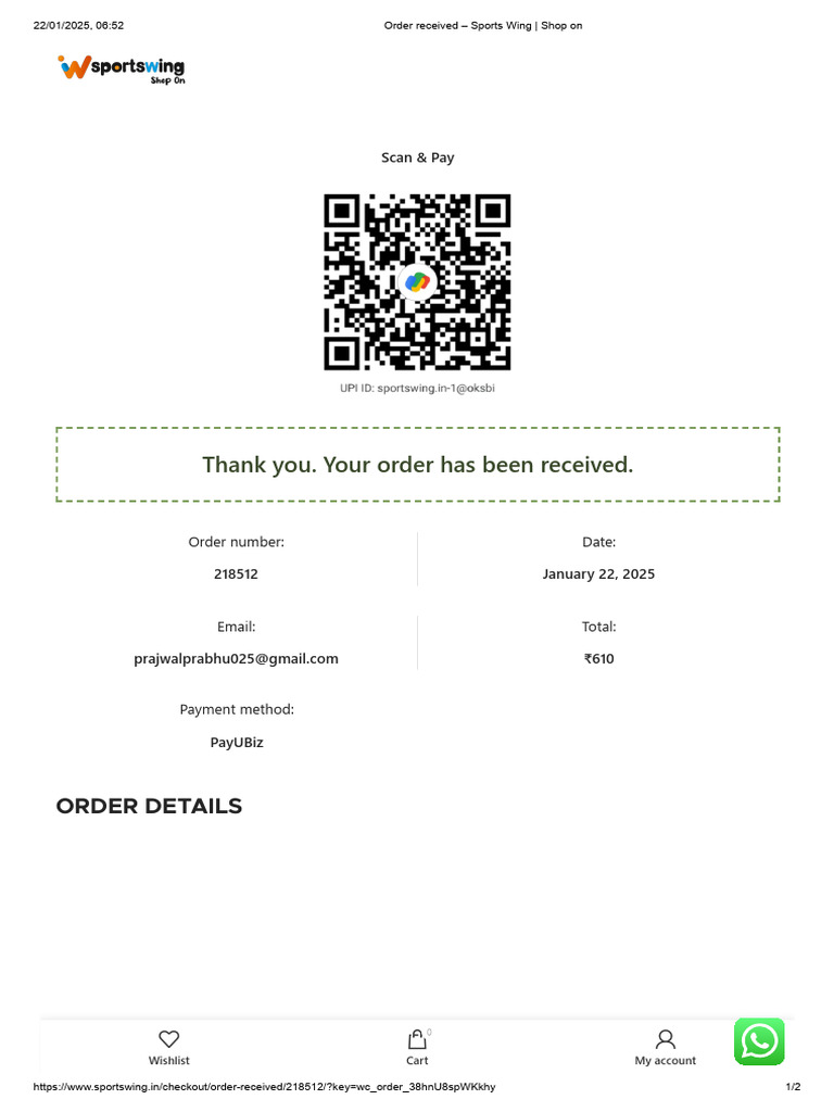 Sports Wing Order Confirmation | PDF