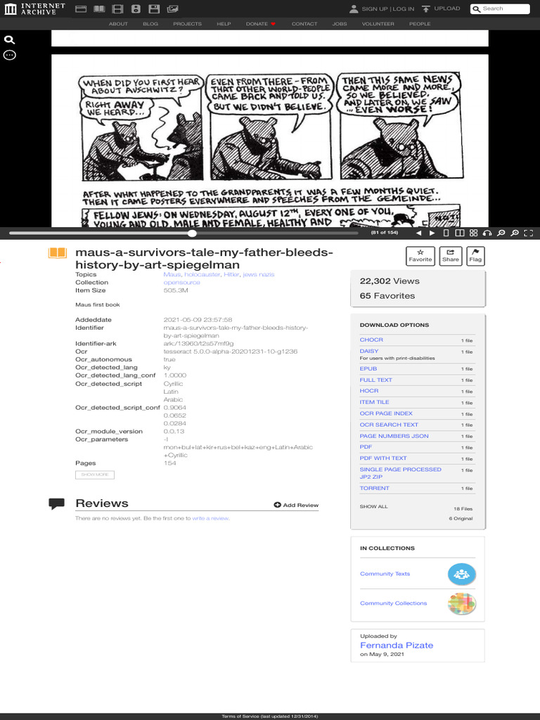 Maus a Survivors Tale My Father Bleeds History by Art Spiegelman Free ...