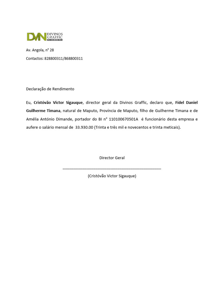 Declaração de Rendimento de Fídel Timana | PDF