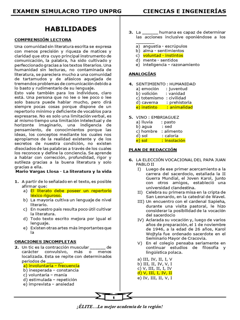 Examen Simulacro UNPRG: Ciencias e Ingenierías | PDF | Citoplasma