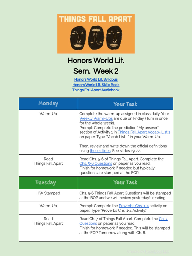 2024-25 Honors World Lit. Sem. 2 Week 2 Hyperdoc | PDF