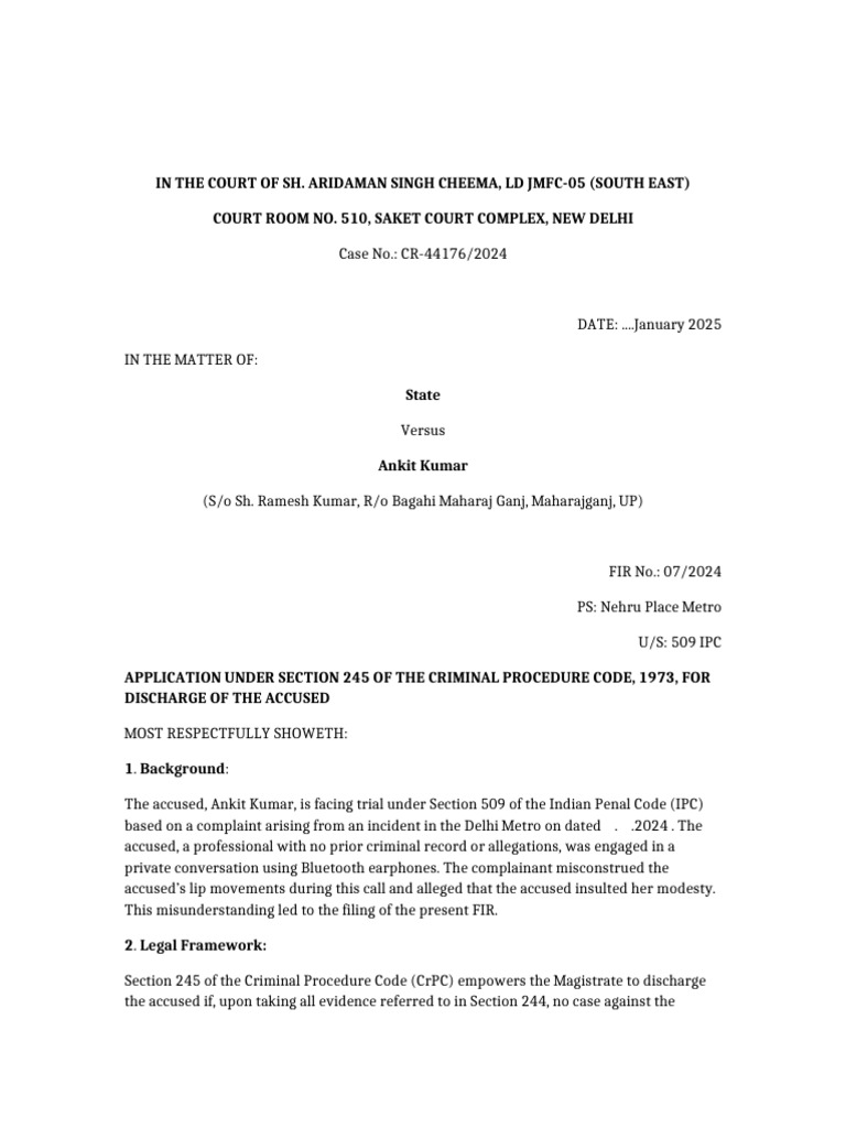 Discharge Application For Ankit Kumar in Section 509 IPC | PDF ...