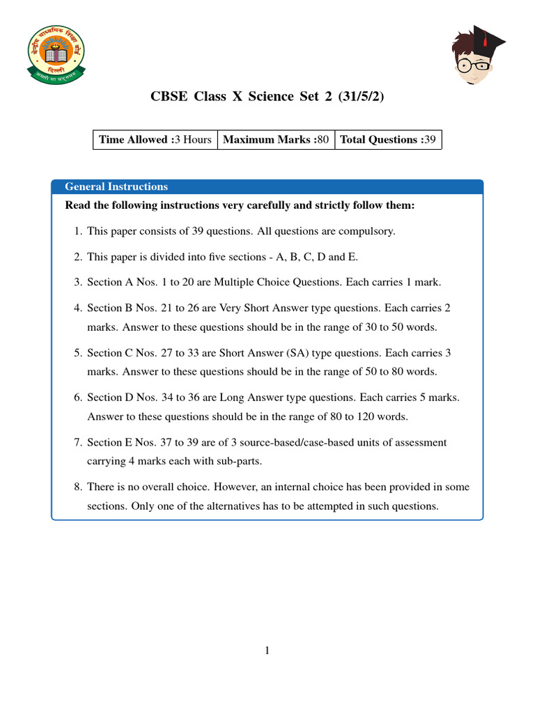 CBSE Class 10 Science Question Paper 2024 Set 2 31-5-2 | PDF ...