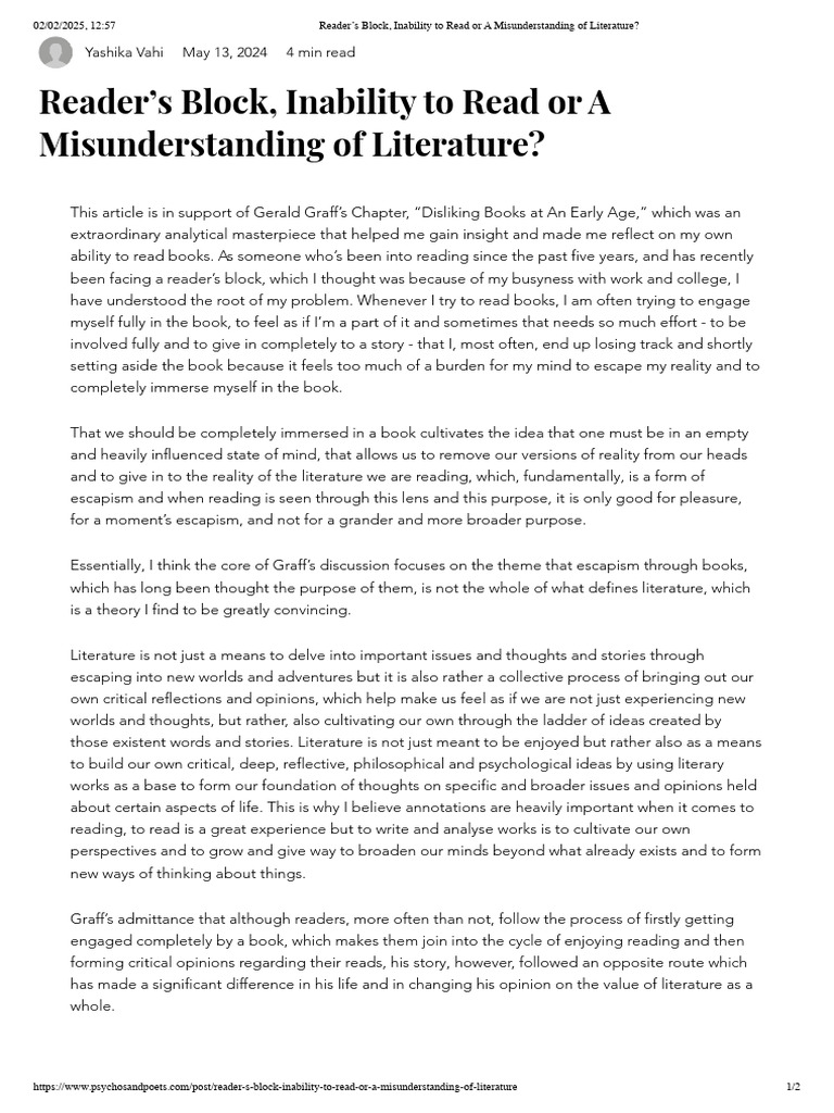 Reader's Block, Inability To Read or A Misunderstanding of Literature ...