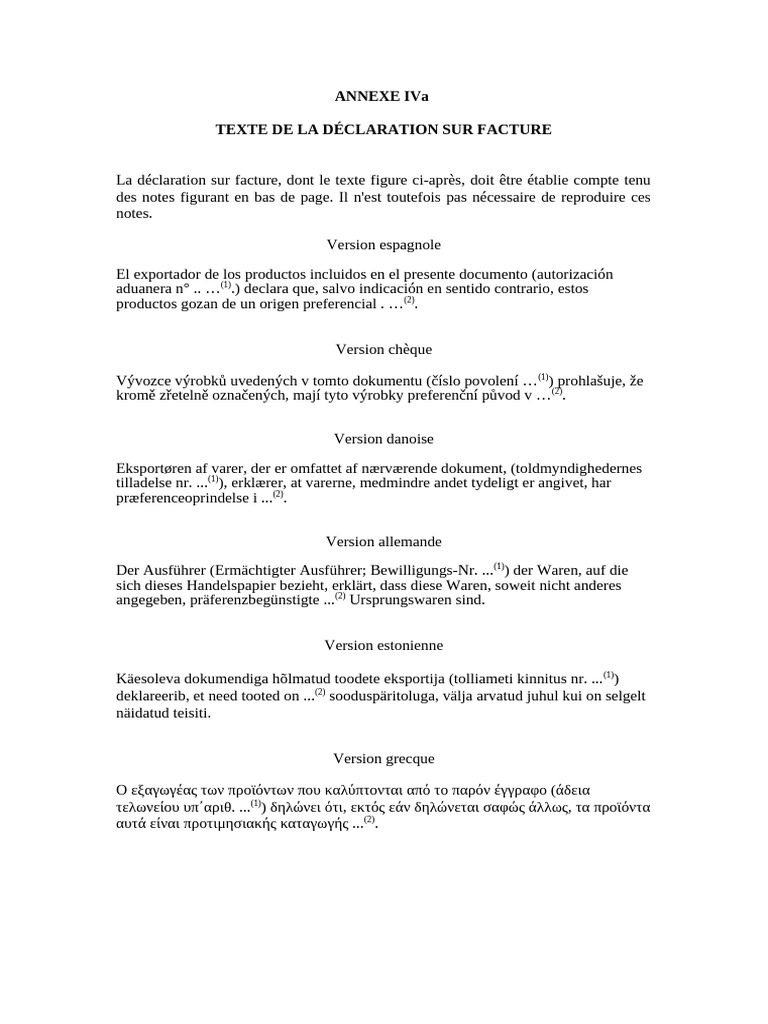 Annexe IVa Declaration Sur Facture | PDF