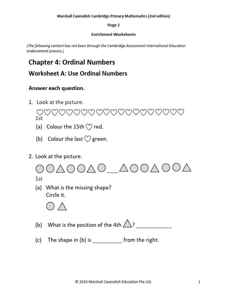 Worksheet Chapter 4 - Ordinal Numbers | PDF