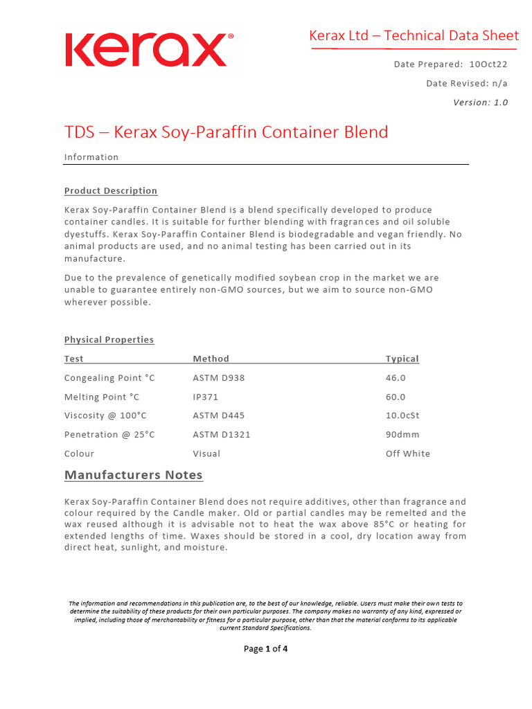 Kerax Soy Paraffin Container Blend TDS v01 1 | PDF | Candle | Wax
