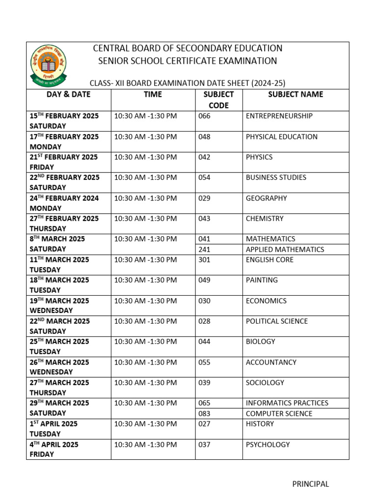 CBSE Class 12 Date Sheet 2024-25 | PDF