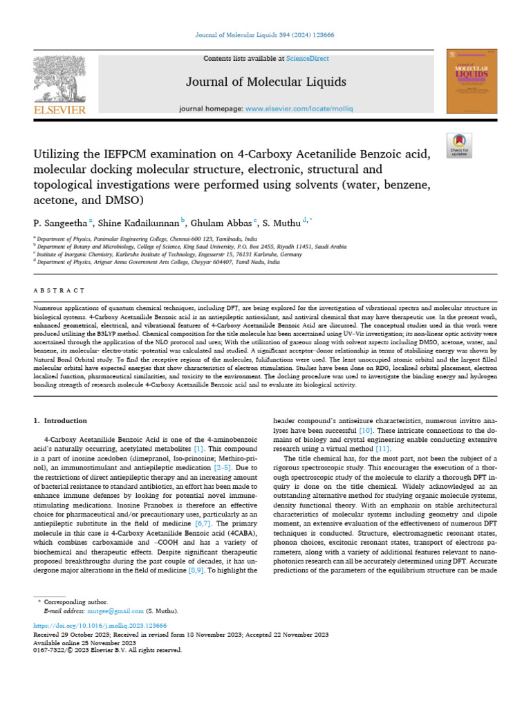 Utilizing the IEFPCM Examination on 4 Carboxy Acetanilide Benzo 2024 ...