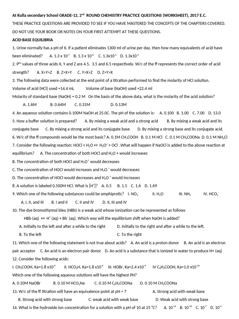 Grade 12 Chemistry Acid-Base Practice | PDF | Redox | Anode