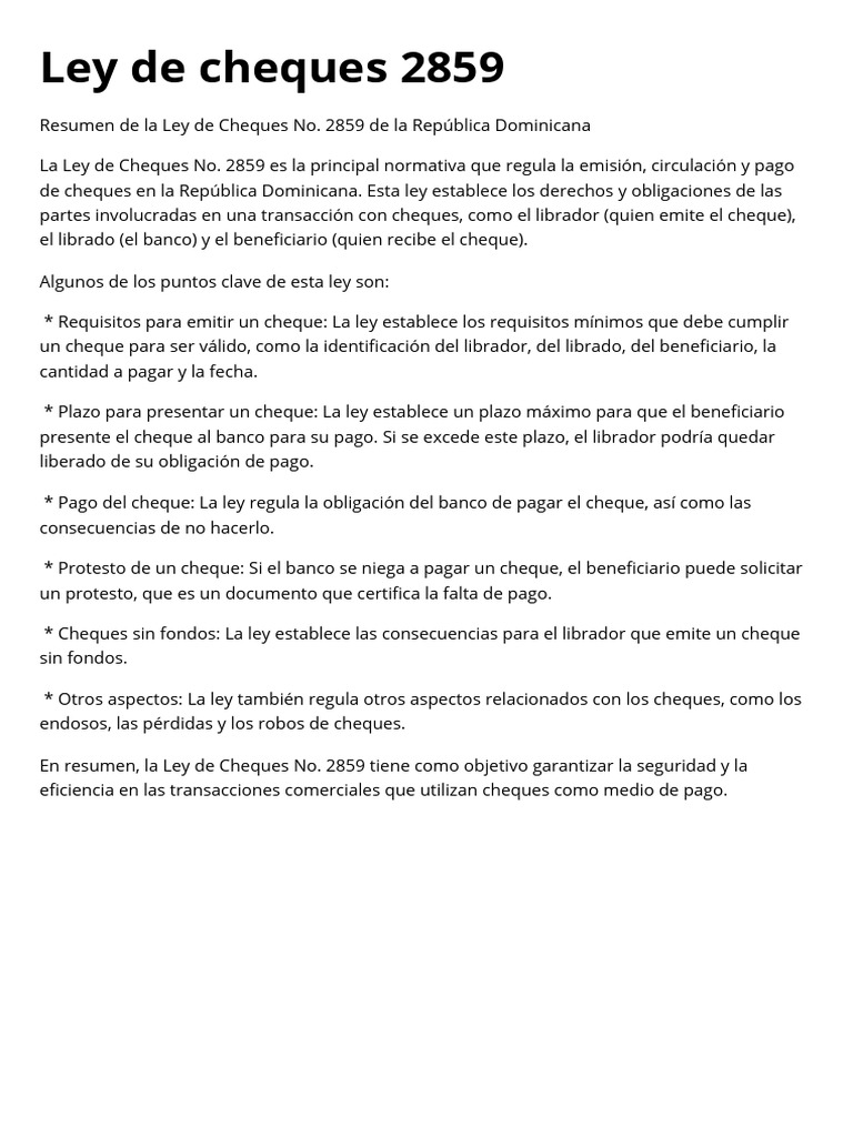 Ley de Cheques 2859 en RD: Resumen Clave | PDF